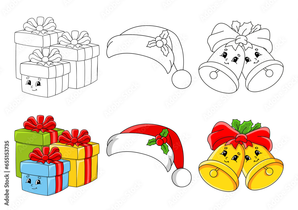 Set coloring page for kids. Cute cartoon characters. Black stroke. With ...