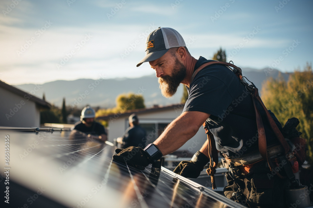 team of technicians installing solar panels on a residential rooftop ...