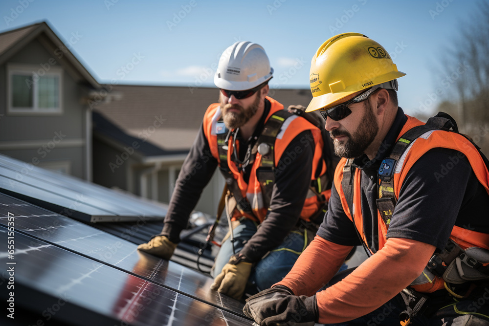 team of technicians installing solar panels on a residential rooftop ...