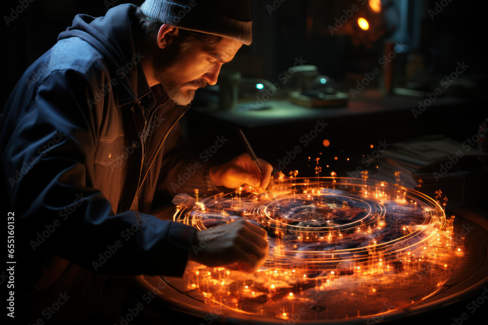 A quantum physicist conducting a double-slit experiment, exploring the ... A quantum physicist conducting a double-slit experiment, exploring the ...