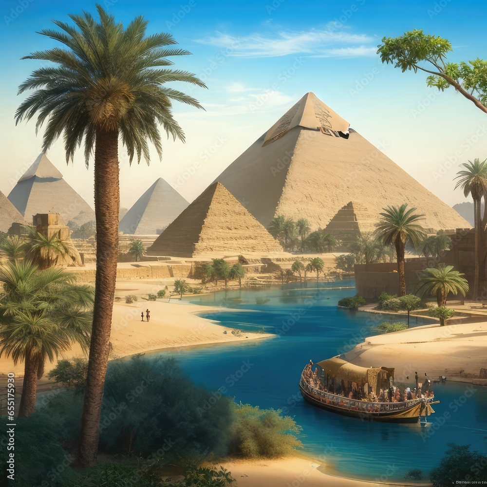 ancient pyramids and trees with flowing Nile river background photo ...