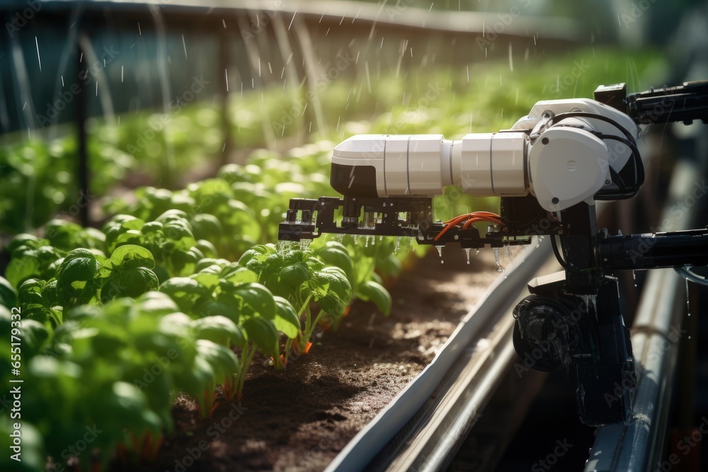 Automatic arm robot spraying fertilizer water to plants, greenhouse ...