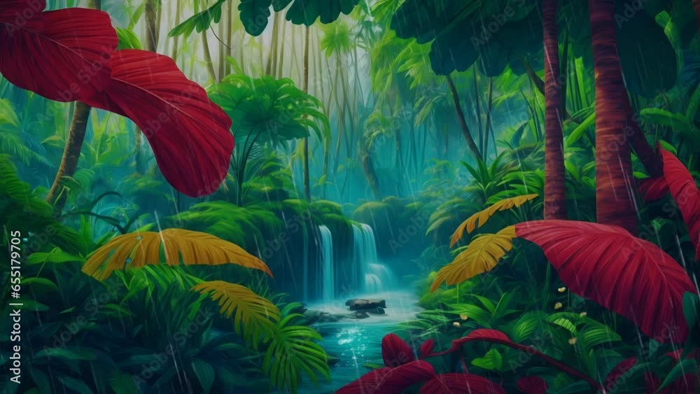 beautiful rainforest panorama with waterfall, Seamless Animation Video ...