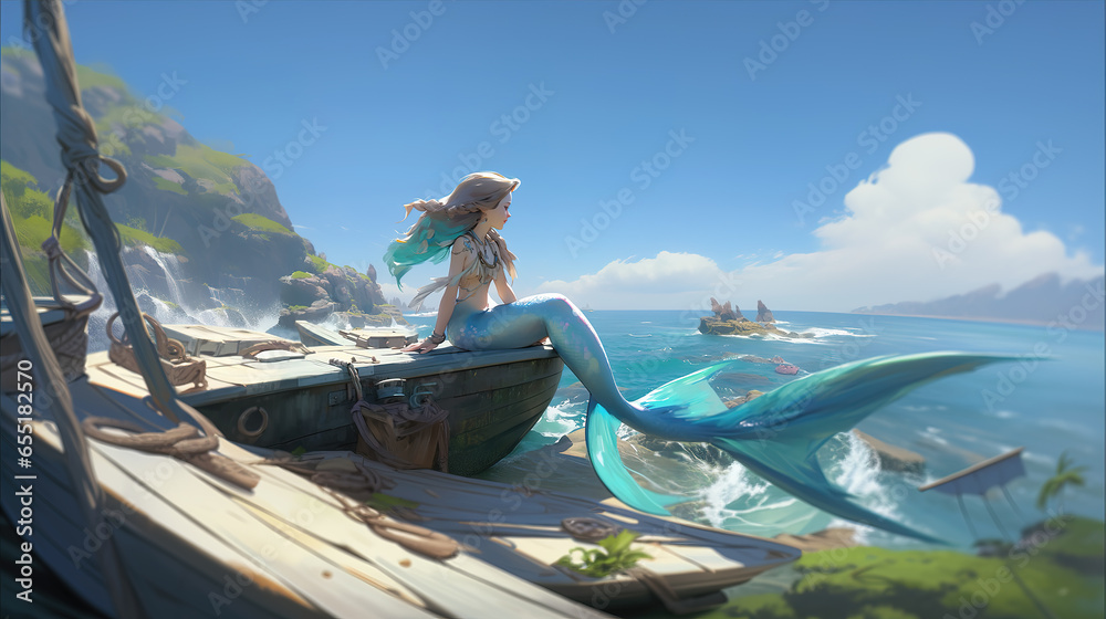 an epic anime artwork of a mermaid waiting of the return of her great ...