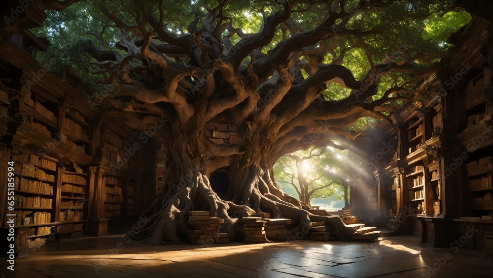 Beautiful fantasy library with growing giant oak in the middle. Tree of ...