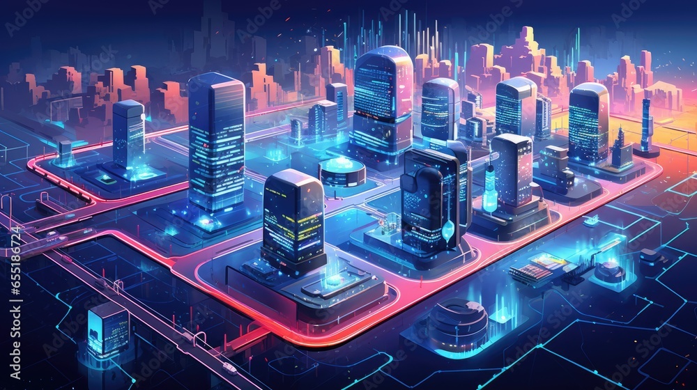 isometric illustration representing a futuristic city with high-tech ...