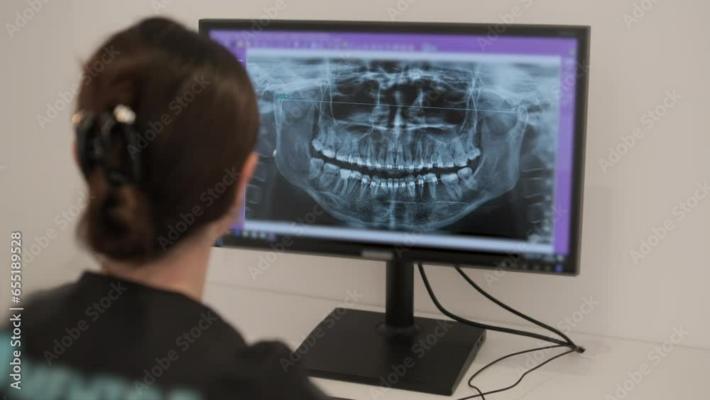 Dentist doctor examines a panoramic x-ray of the jaw on a computer ...