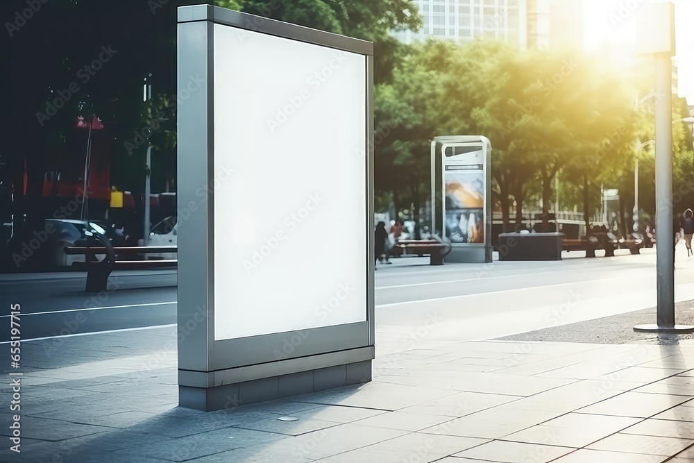 Vertical Blank Billboard At City Bus Stop, Sunny Summer Day Mockup ...