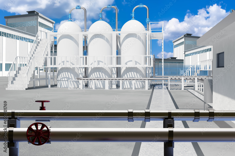 Modern chemical factory. Industrial plant with pipes and tanks ...
