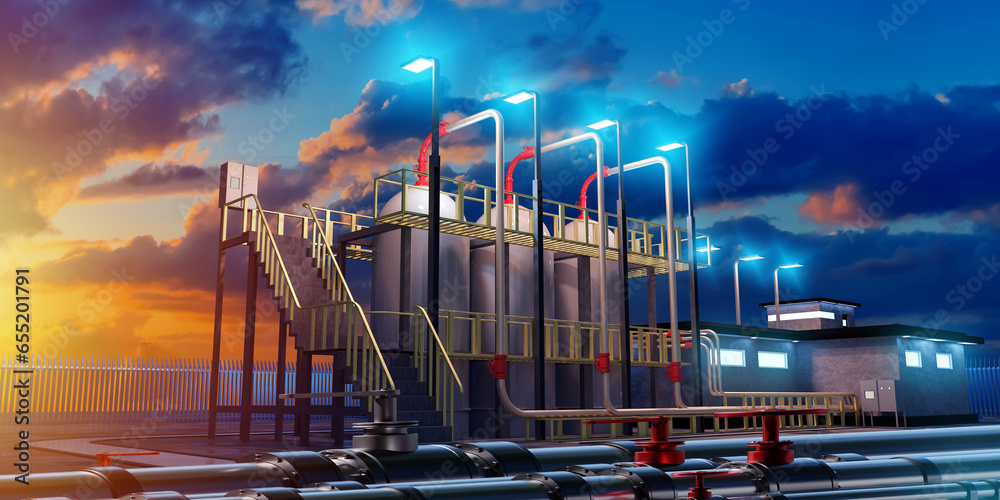 Oil refinery plant. Factory at sunset. Chemical manufactory on summer ...