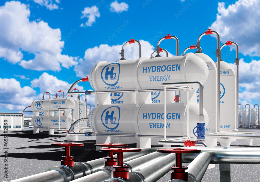 Hydrogen energy. Reservoirs with h2 gas. White high-pressure tanks on ...