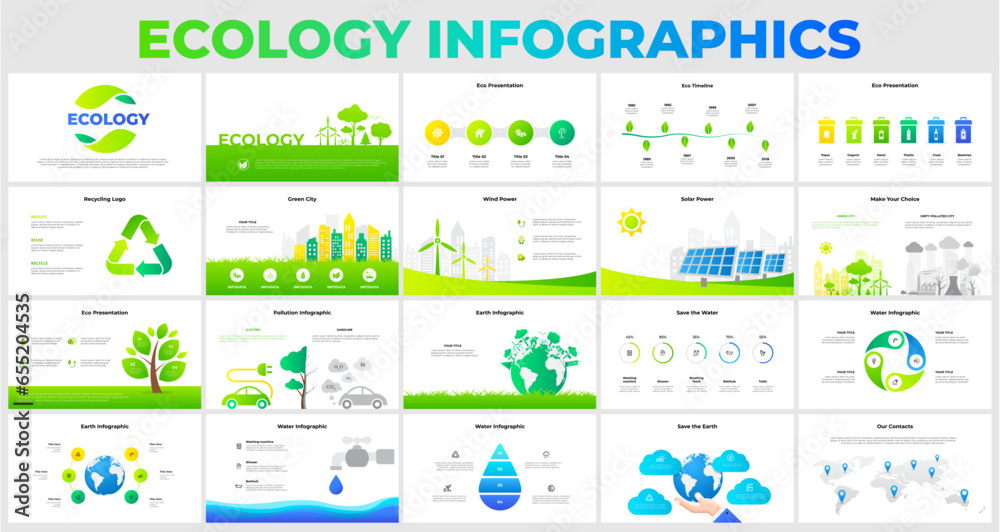 Ecology infographics set. Pollution from car, save the water, earth ...