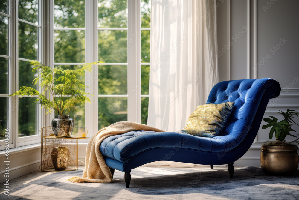 Navy blue chaise lounge in a sunlit corner with tall windows. Bohemian ...