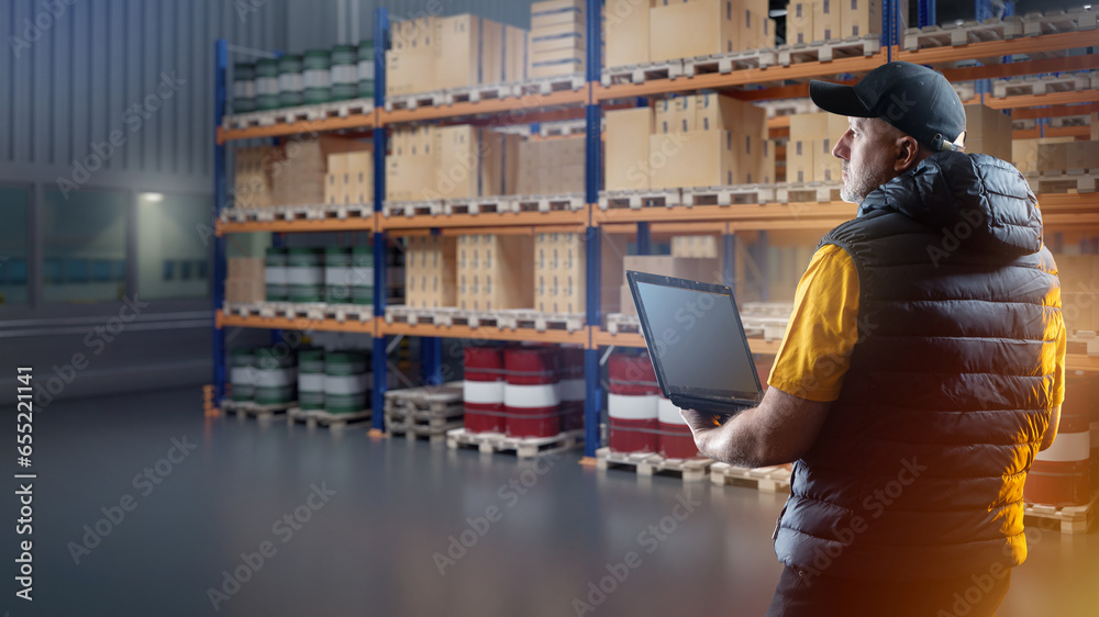 Warehouse specialist. Man from storage company. Storekeeper near multi ...