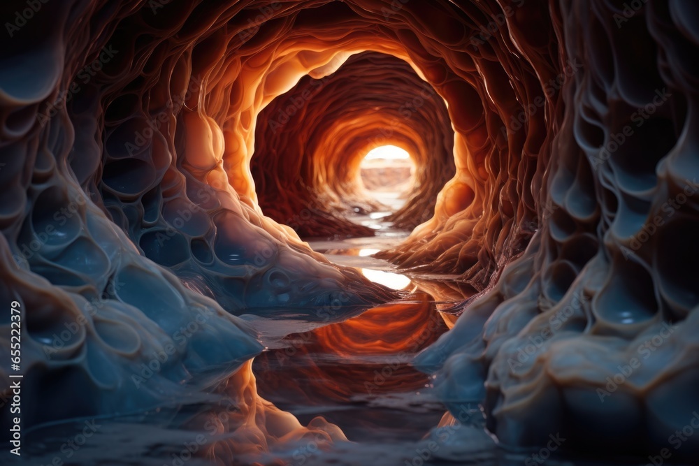 Illuminated underground sandstone cavern with crystal clear water pools ...