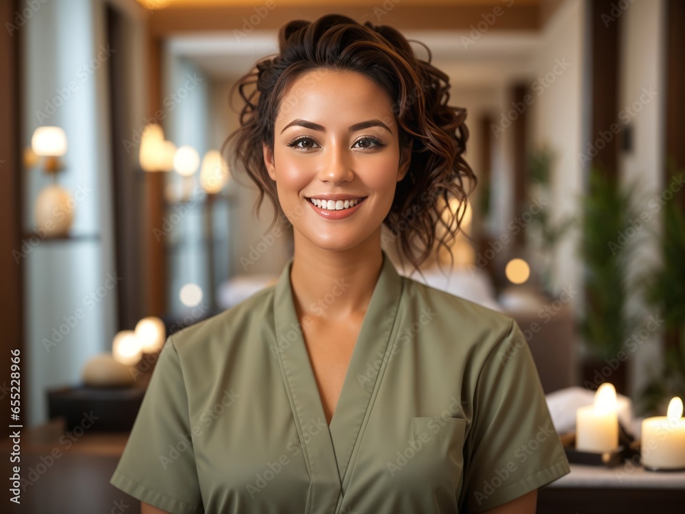 Portrait of Woman in Spa Bathrobe Posing in Spa Background, Woman in Relaxing Spa Bathrobe in ...