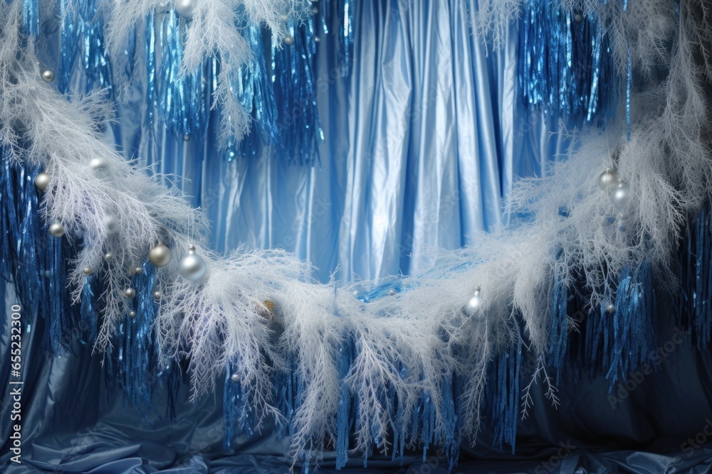 blue tinsel draped over the white branches of a christmas tree Stock ...