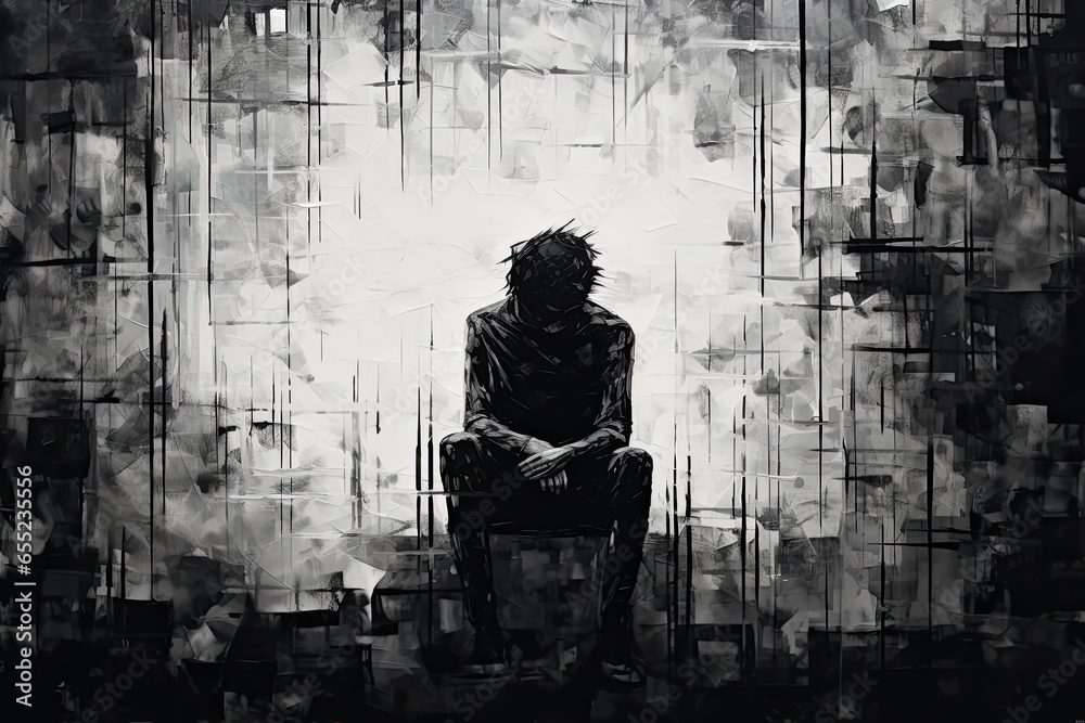 Disrupted Reality: Surreal Black and White Illustration Showing a ...