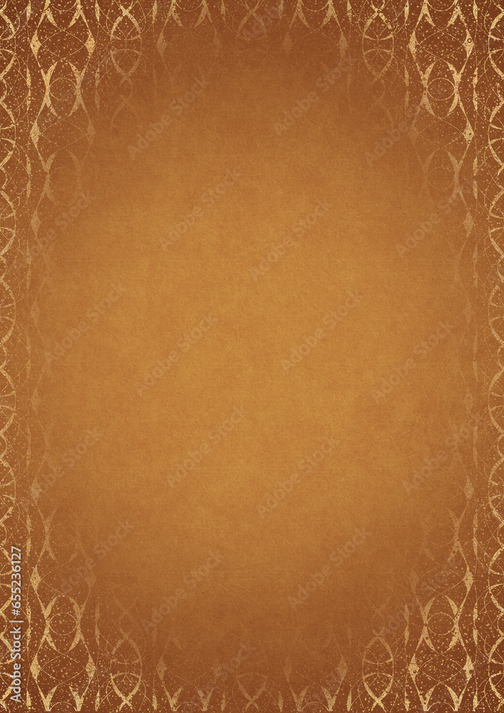 Yellow textured paper with vignette of darker color and golden hand ...
