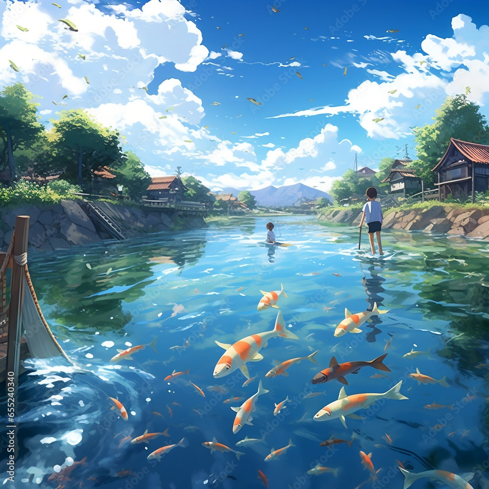 Fish and river in Japanese village in cartoon style, anime style, river ...