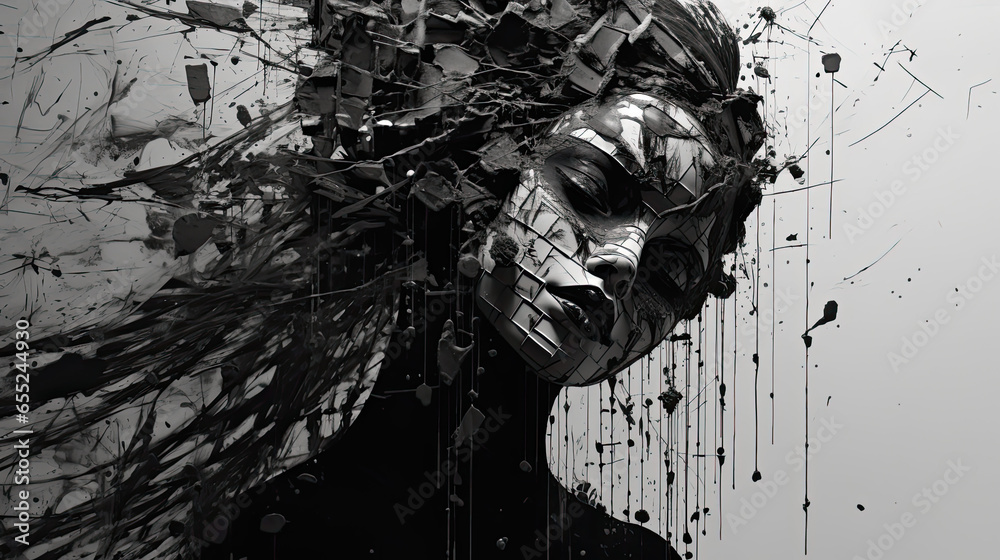 Bursting Emotions: Surreal Black and White Illustration of an Exploding ...