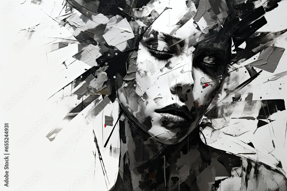 Abstract Fragmentation: Exploding and Shattered Head and Face in Black ...