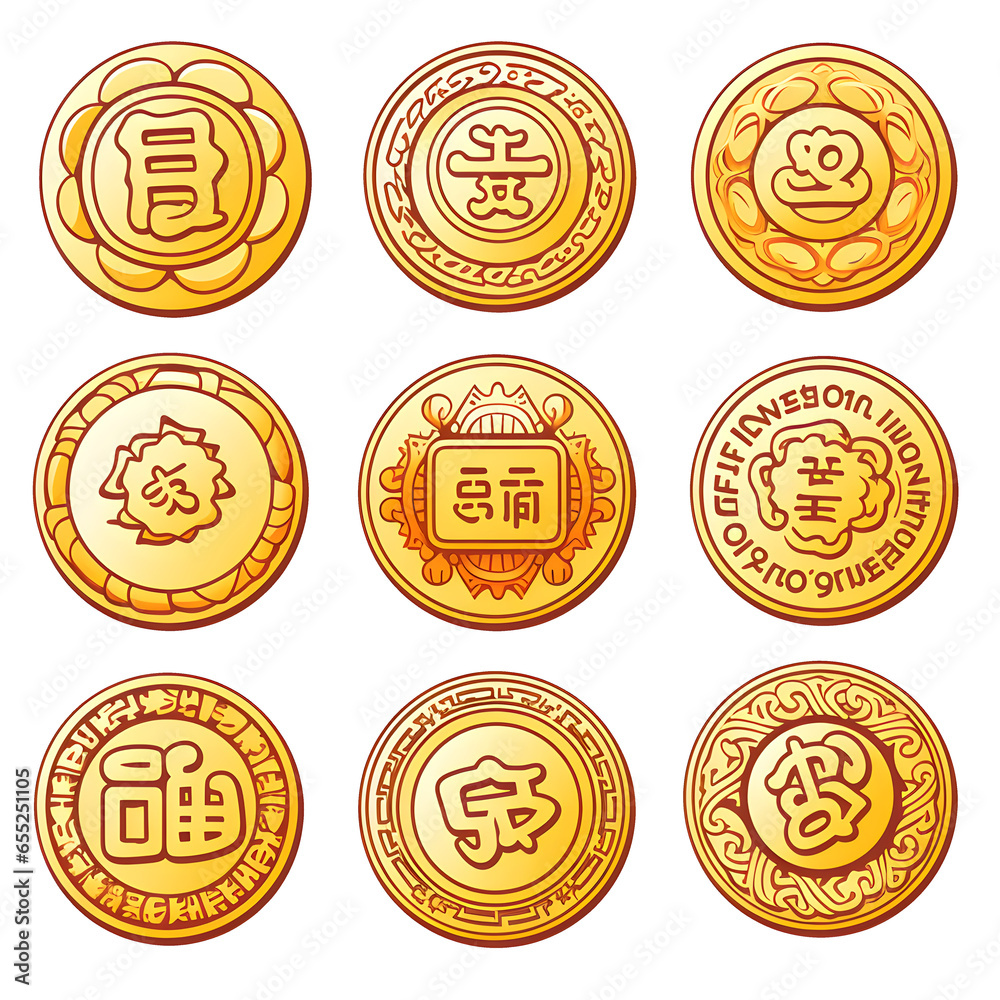 cartoon clipart of Chinese coins, asian themed clipart, transparent ...