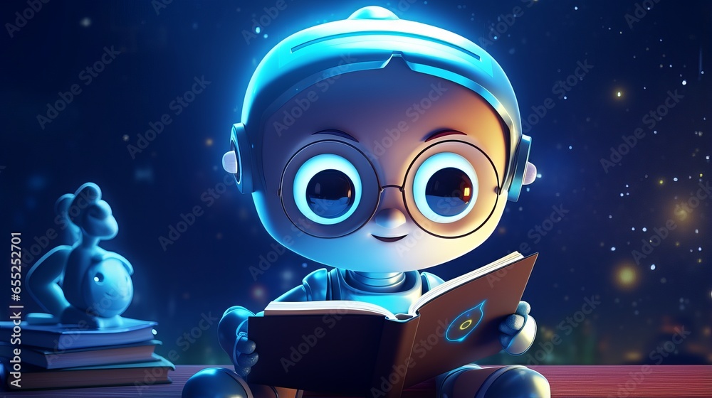 happy android kid: adorable cartoon robot child engaged in reading ...