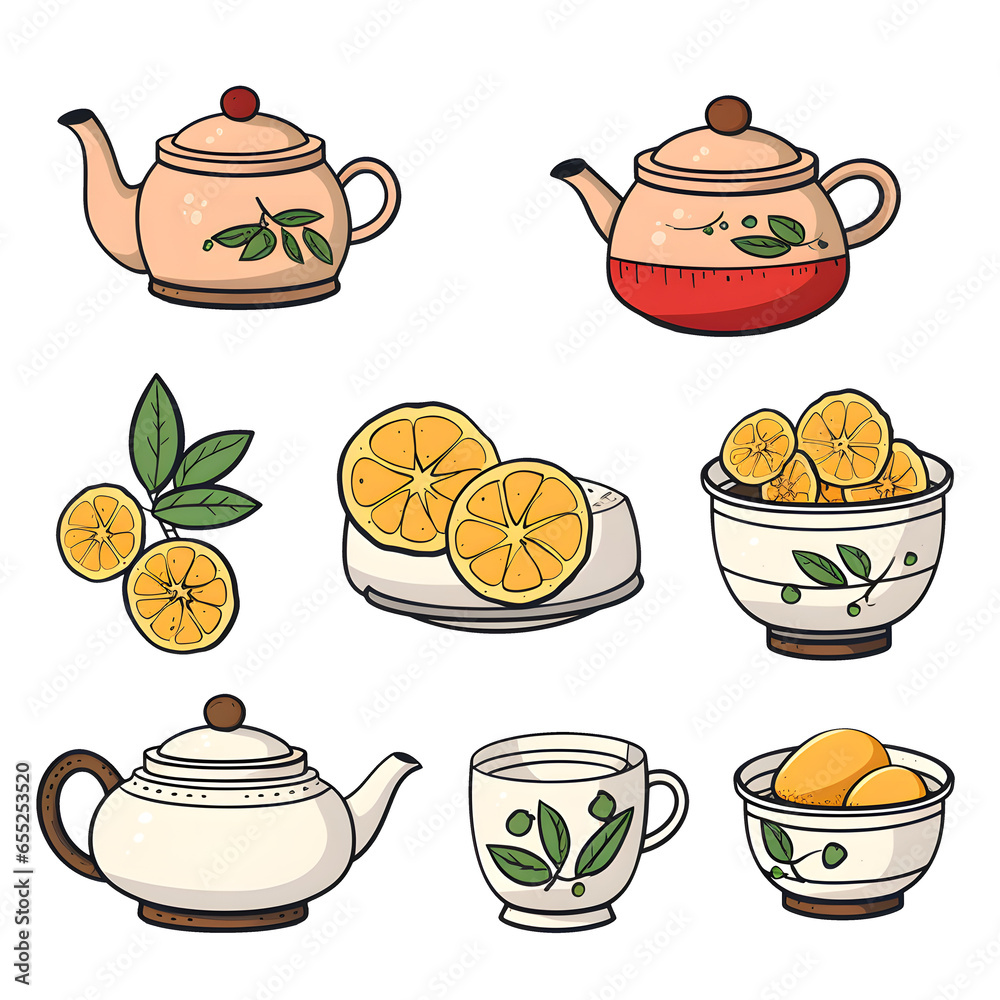 cartoon clipart of Chinese tea pots and cups, asian themed clipart ...