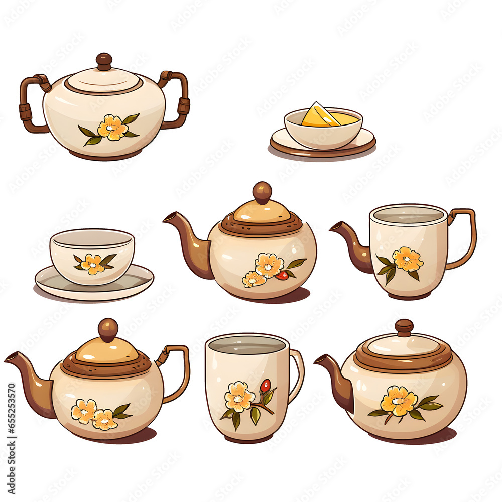 cartoon clipart of Chinese tea pots and cups, asian themed clipart ...