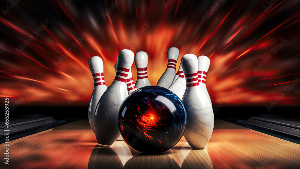 Picture of bowling ball hitting pins scoring a strike. Bowling ...