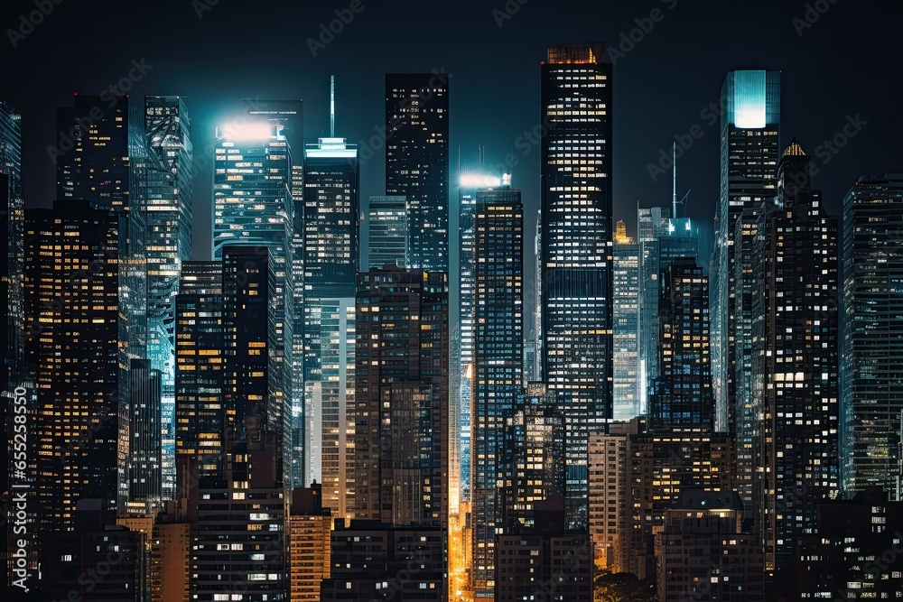 Bright skyscrapers illuminate the modern city skyline at night Stock ...