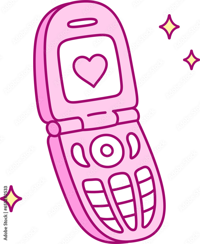 Pink retro flip phone cartoon drawing, simple and cute hand drawn ...