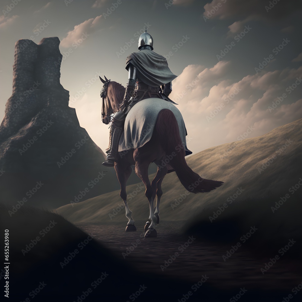establishing shot of a high fantasy knight on horseback riding away ...
