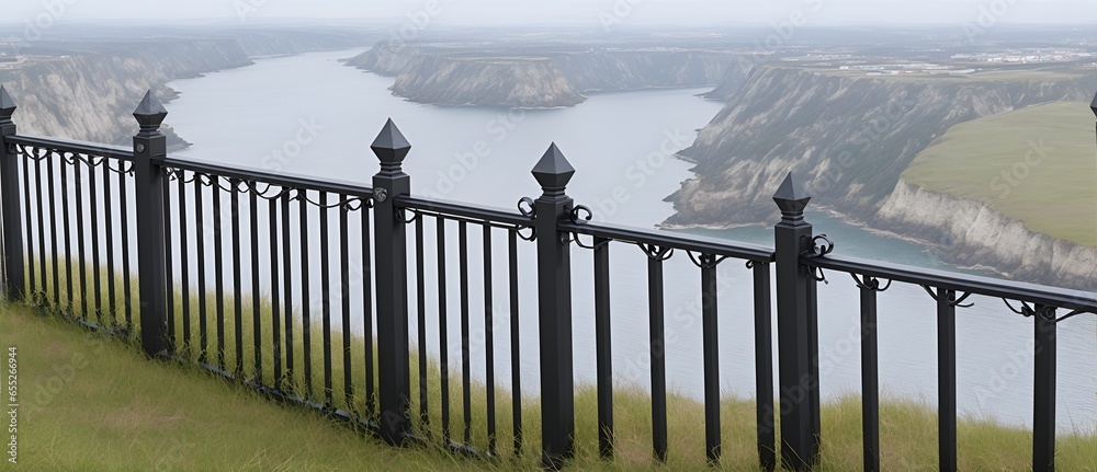 Black metal fence railings on side of a cliff from Generative AI Stock ...