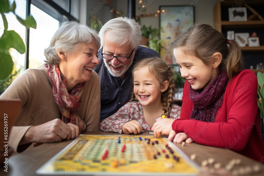 Grandparents and grandchildren engaging in a friendly board game ...