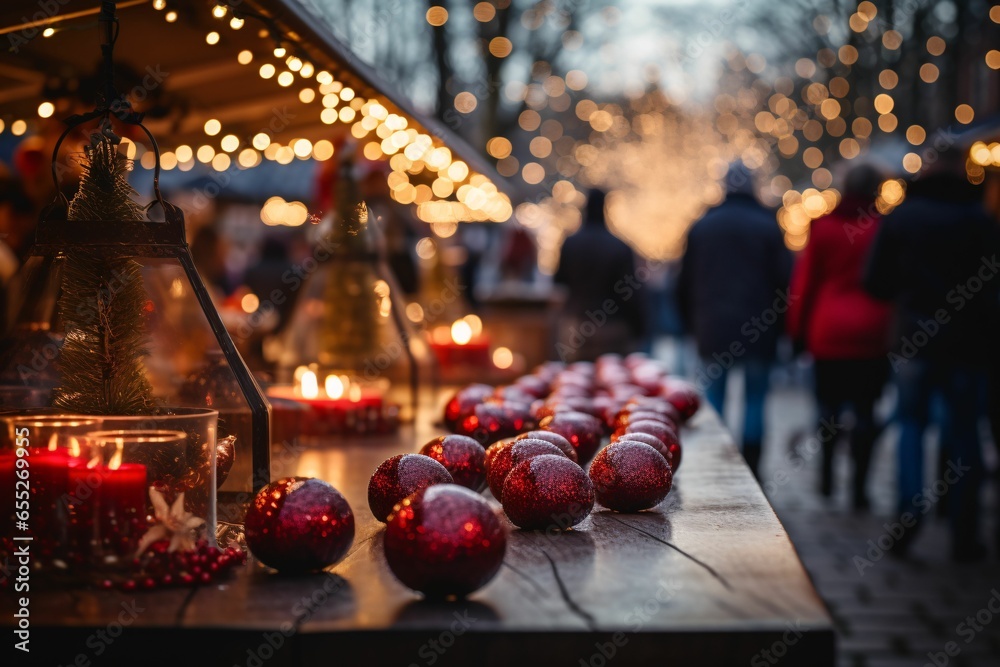 A festive scene at an Advent market with stalls selling holiday treats ...