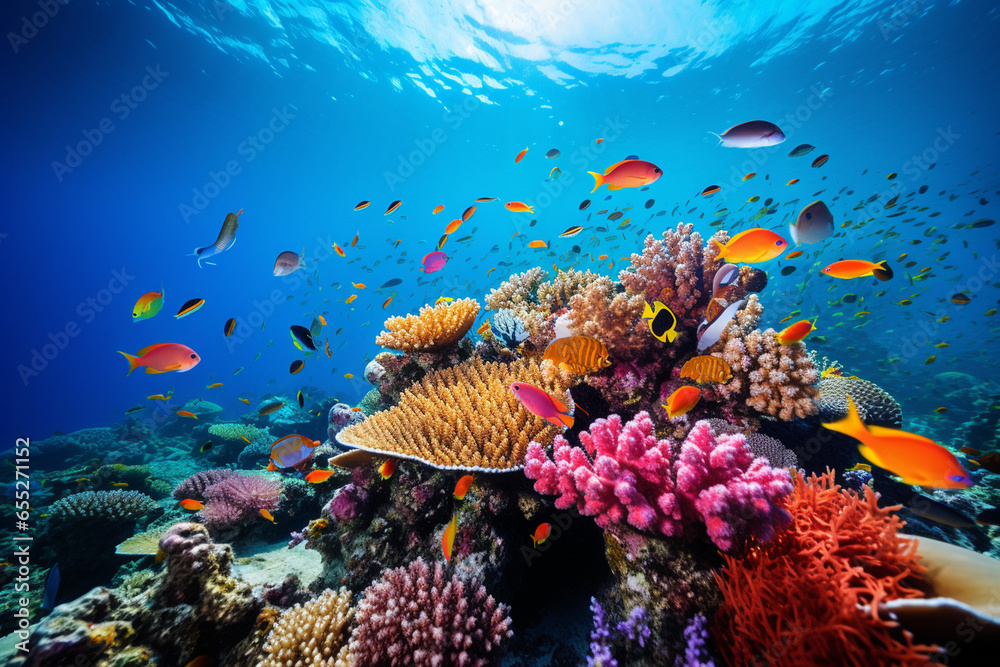 The vibrant colors of coral reefs teeming with marine life, symbolizing ...