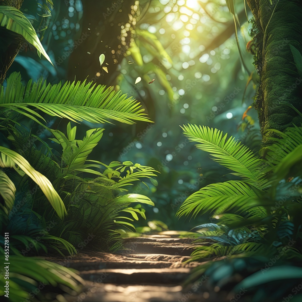 3d rendering, tropical jungle background with green leaf, 3d ...