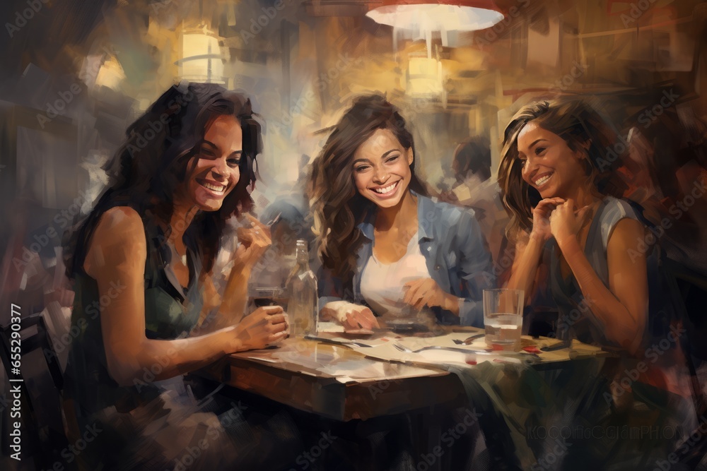 Generative AI image of a Group of friends smiling seating in a cafe in ...