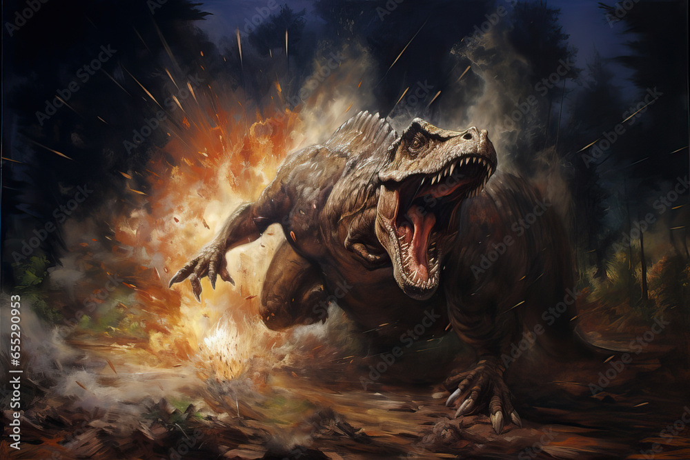Illustration of a Tyrannosaurus Rex caught up in an explosion happening ...