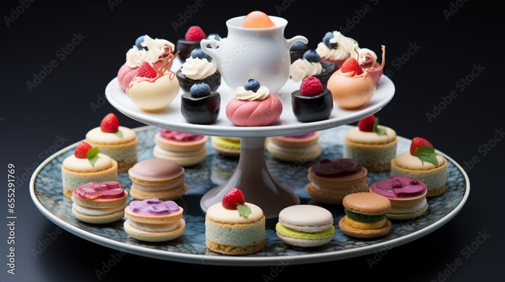 an elegant visual of a tiered tray of petit fours, showcasing an ...
