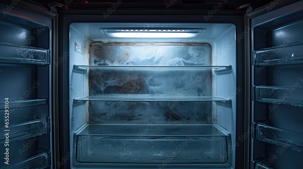 old and dirty empty refrigerator with its door open and light on ...