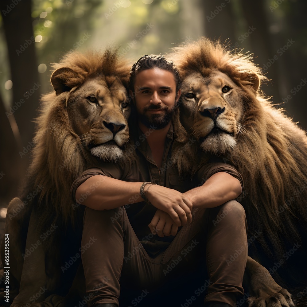 The man and two lions are sitting together in the sunflowers Stock ...