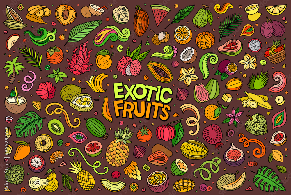 Poster Cartoon Exotic Tropical Fruits objects and symbols doodle set ...