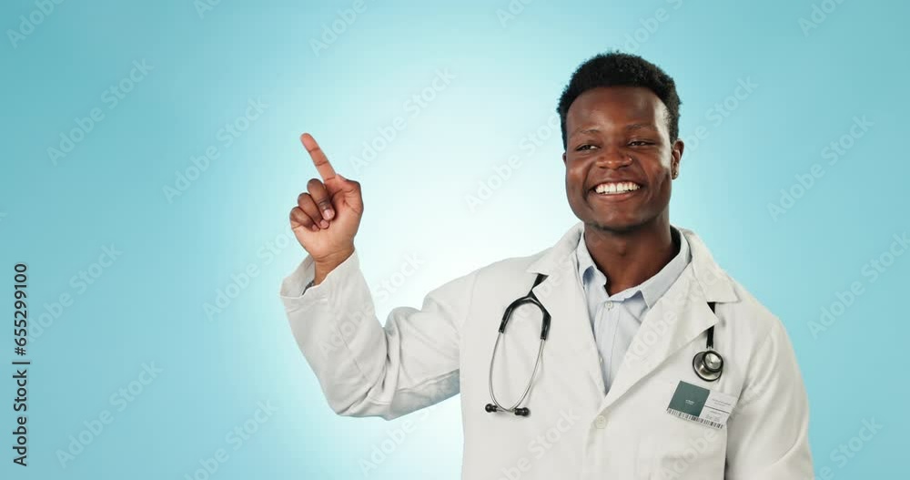 Doctor, man face and pointing to medical advertisement and portrait ...