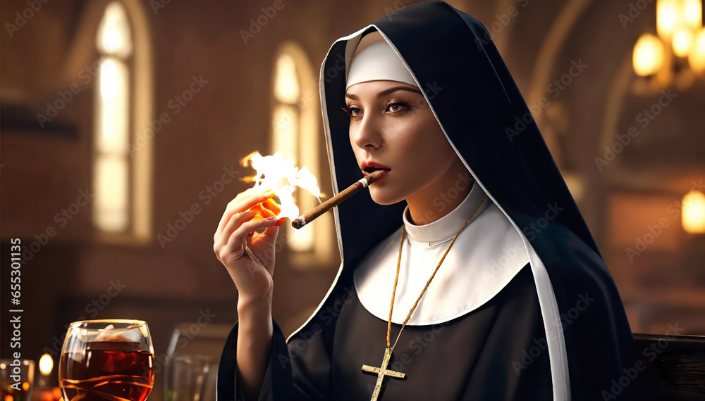 Young Sexy Nun Smoking Big Cuban Cigar And Alcohol In Glass On Catholic Church With Arched