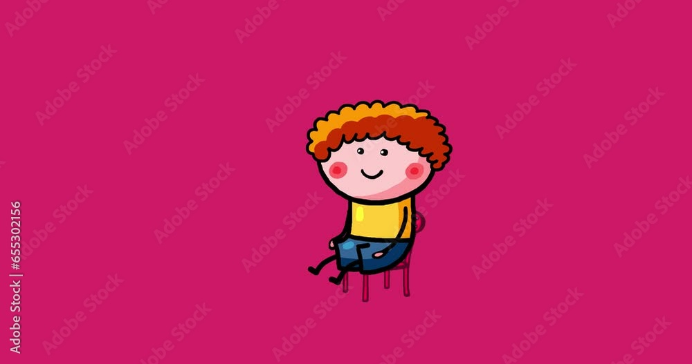 Cartoon kid character Peter boy isolated sit down on the chair. Moving ...