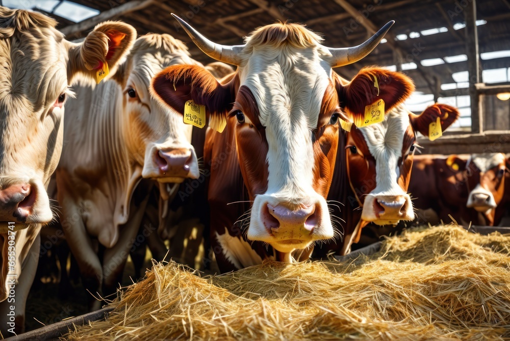 Healthy dairy cows feeding on fodder standing in row of stables in ...