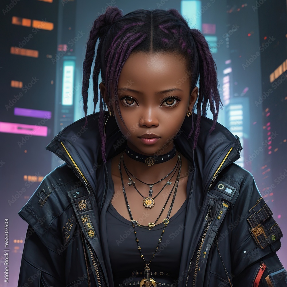 A cyberpunk avatar in a neon-lit city. The suit has blue lights and a ...